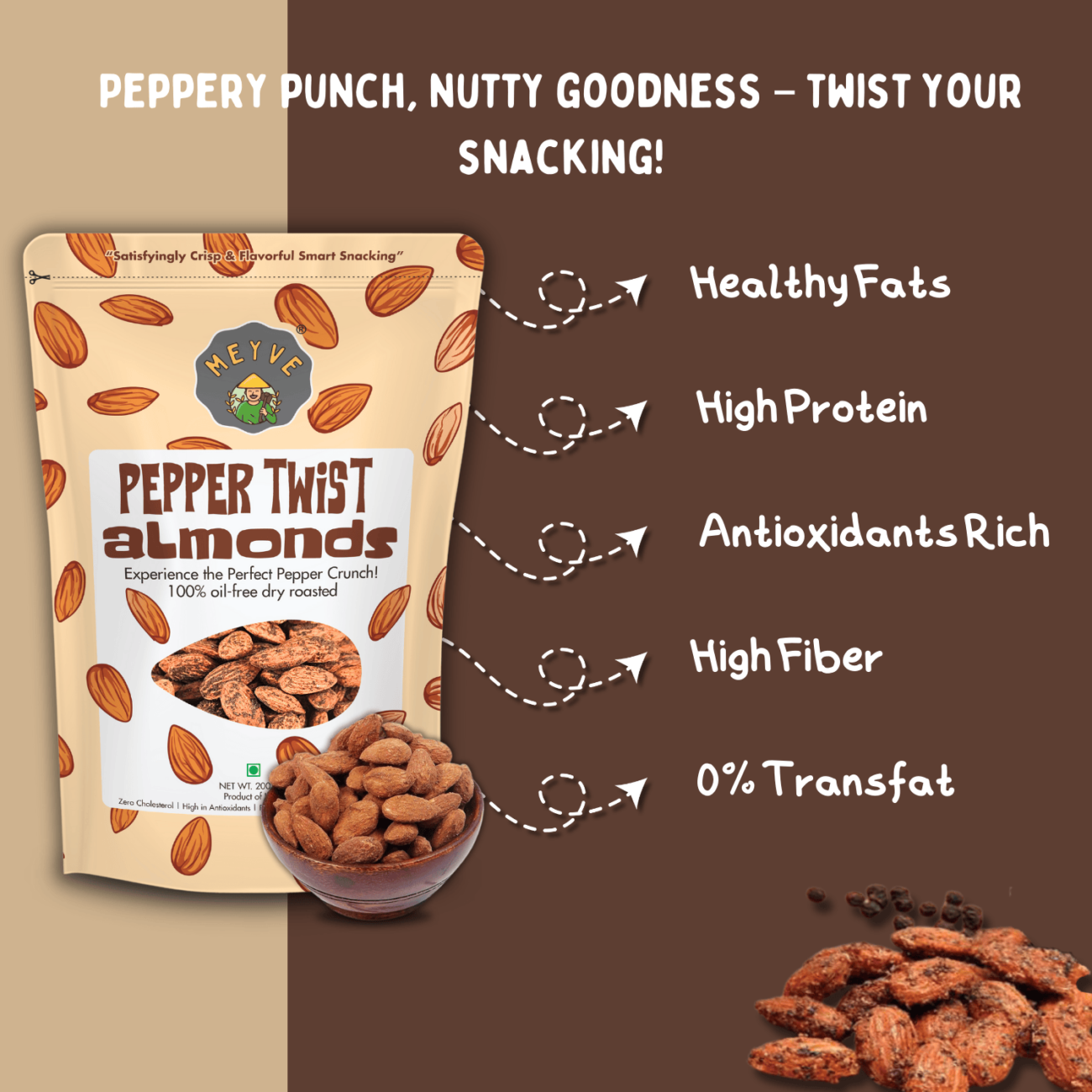 Pepper Twist Almonds | Bold Black Pepper | Oil Free Oven Roasted ...